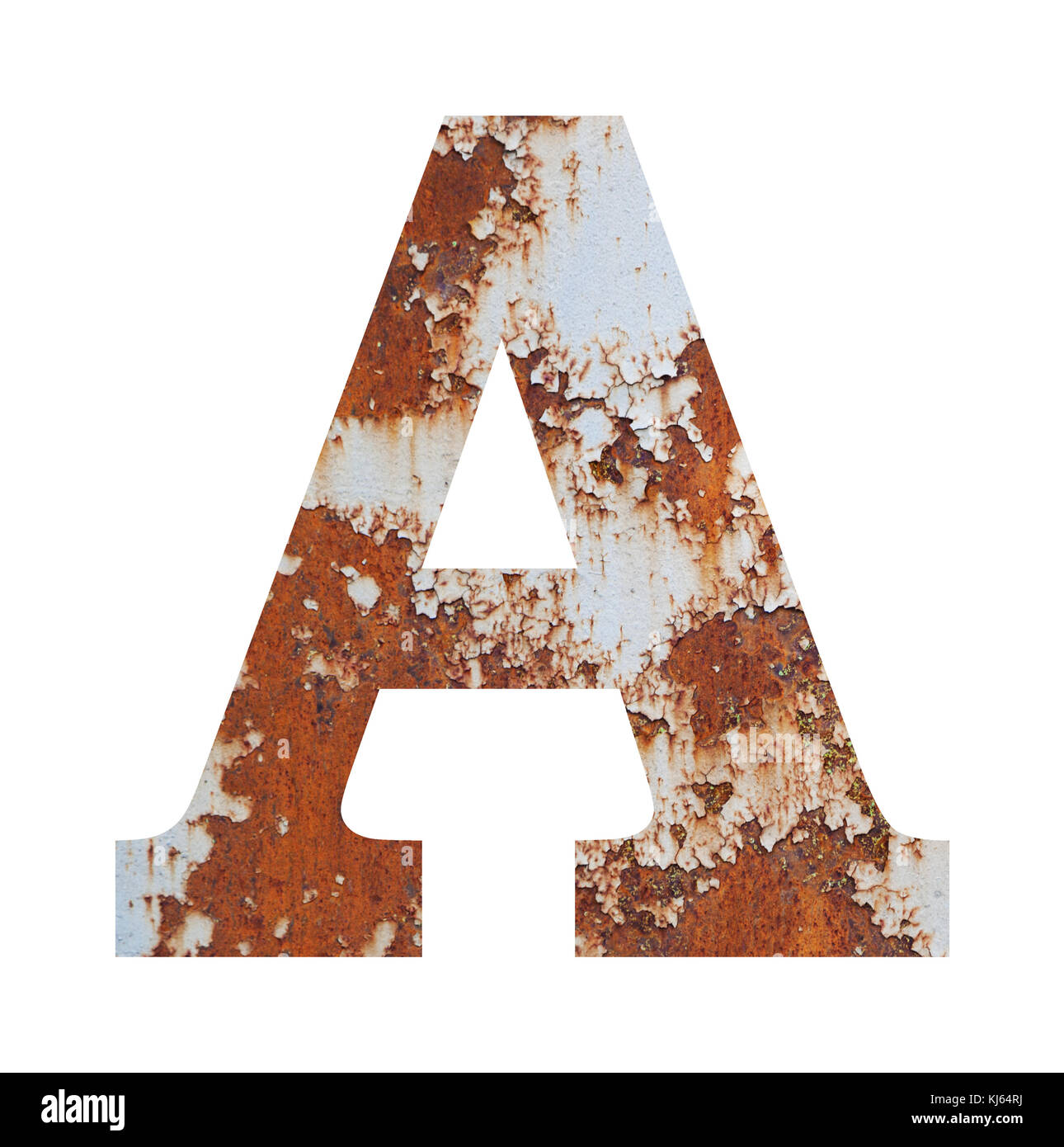 Old rusty metal alphabet, text A, isolated over the white background ...