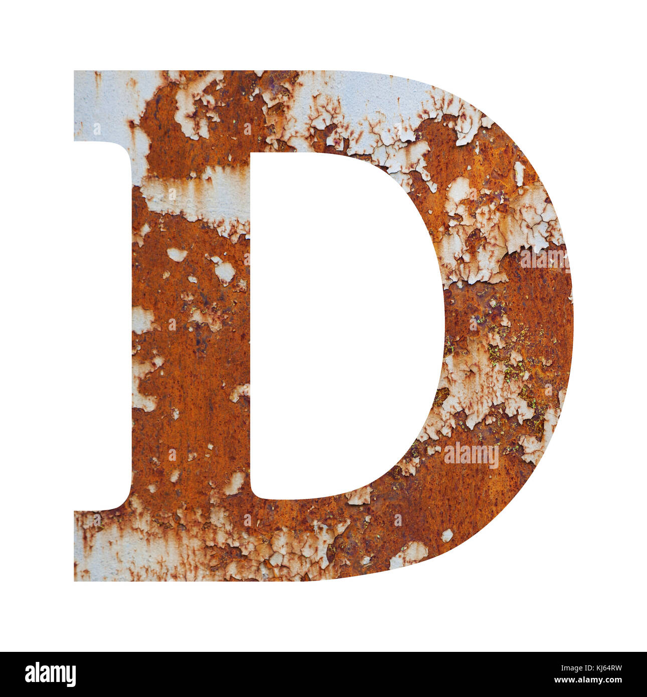 Old rusty metal alphabet, text D. Isolated over the white background ...