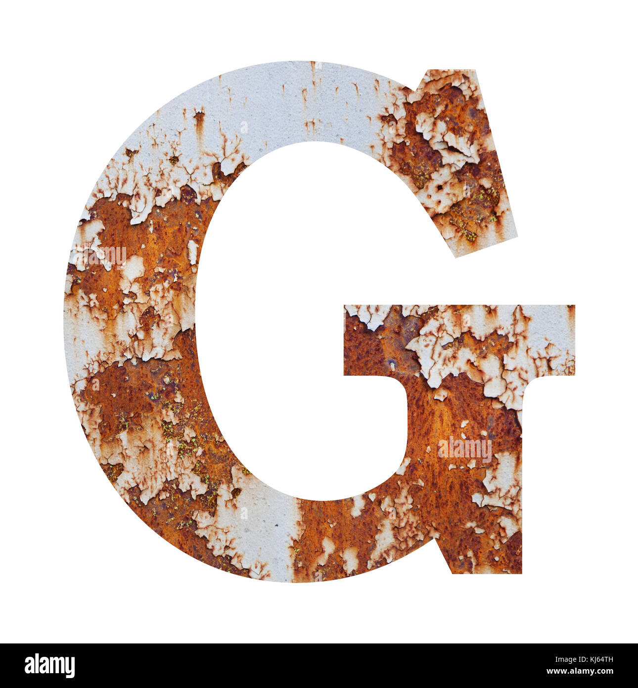 Old rusty metal alphabet, text G. Isolated over the white background ...