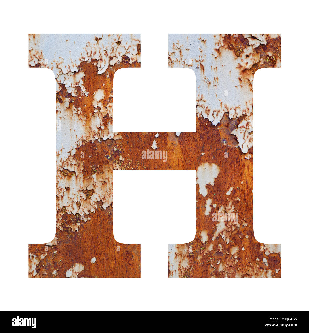 Old rusty metal alphabet, text H. Isolated over the white background ...
