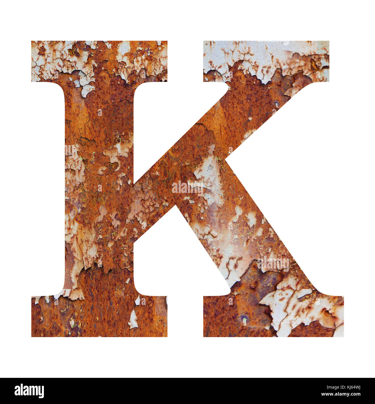 Old rusty metal alphabet, text K. Isolated over the white background ...