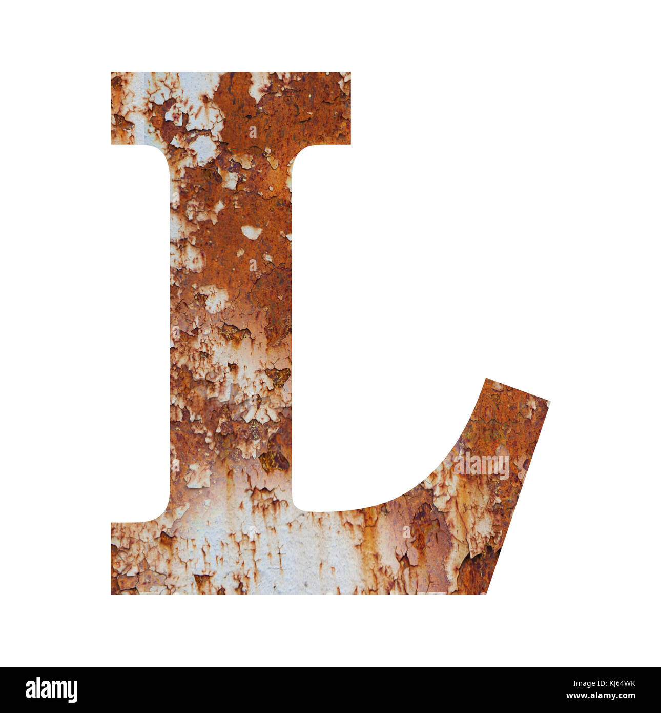Old rusty metal alphabet, text L. Isolated over the white background ...