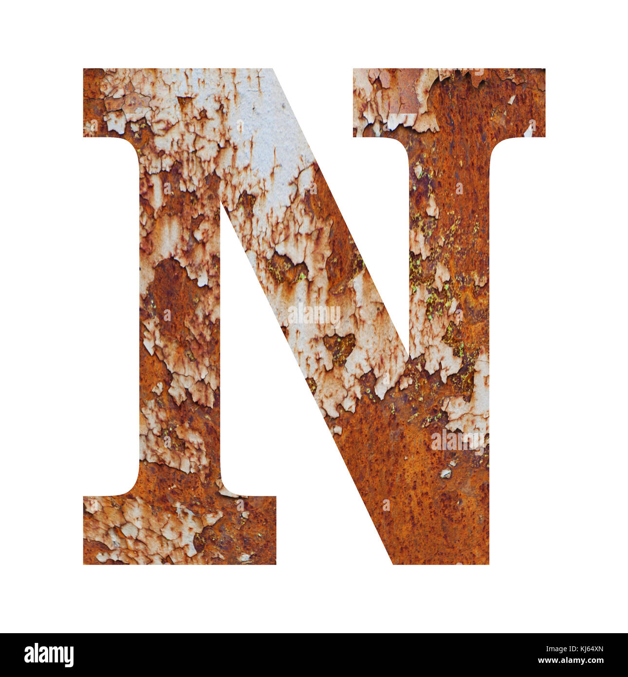 Old rusty metal alphabet, text N. Isolated over the white background ...