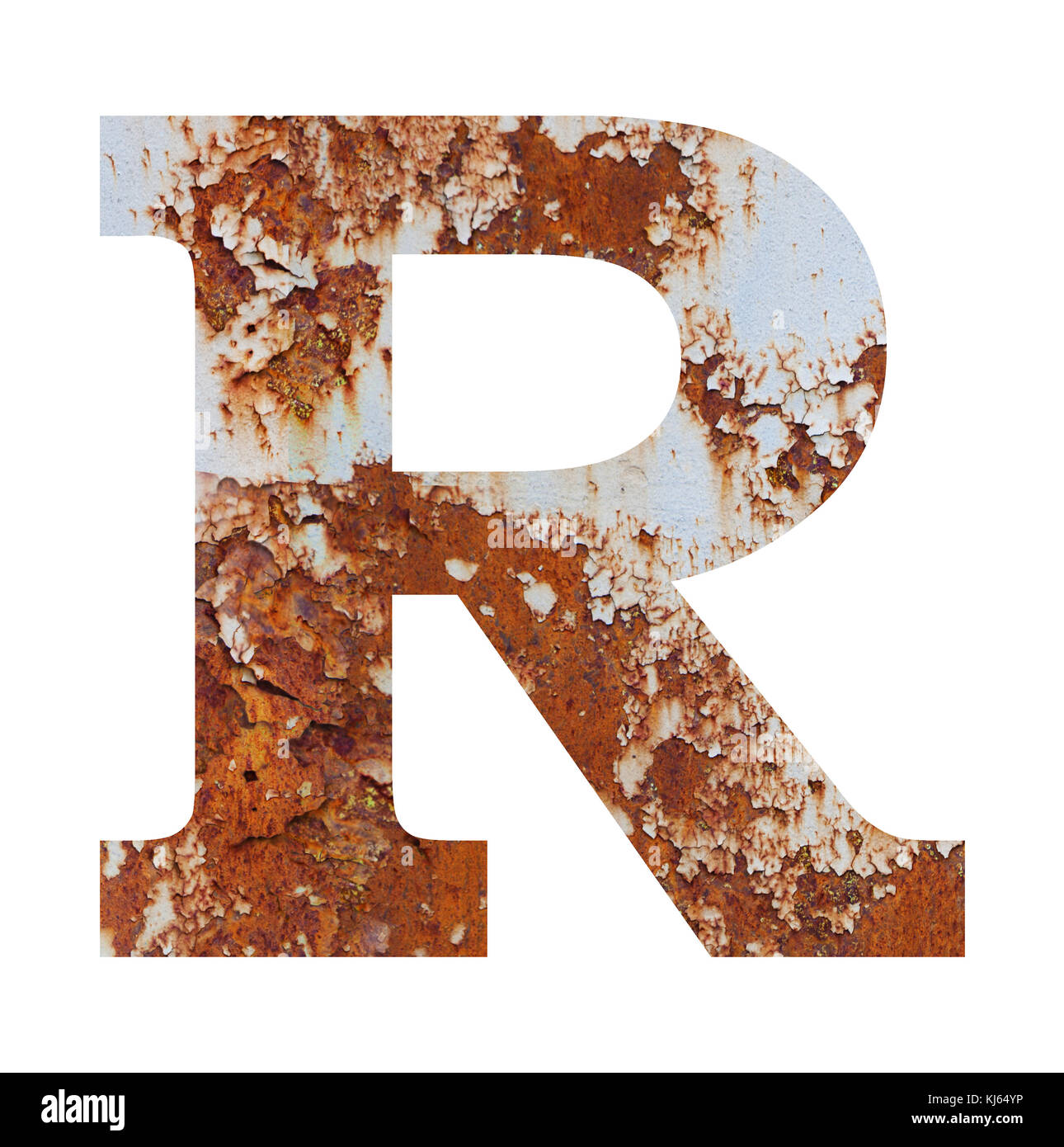 Old rusty metal alphabet, text R. Isolated over the white background ...