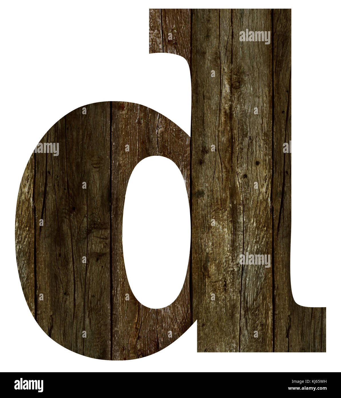Old wooden planks alphabet, text d. Isolated on white background. With ...