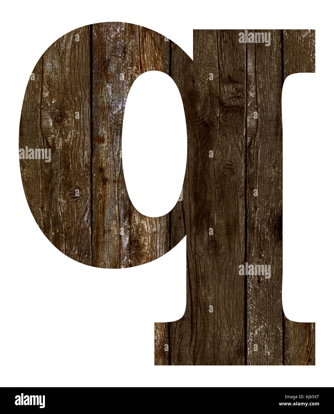 Old wooden planks alphabet, text q. Isolated on white background. With ...