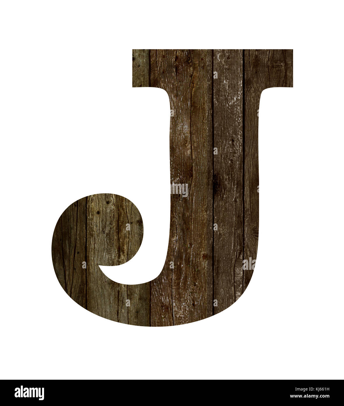 Old wooden planks alphabet, text J. Isolated on white background. With ...
