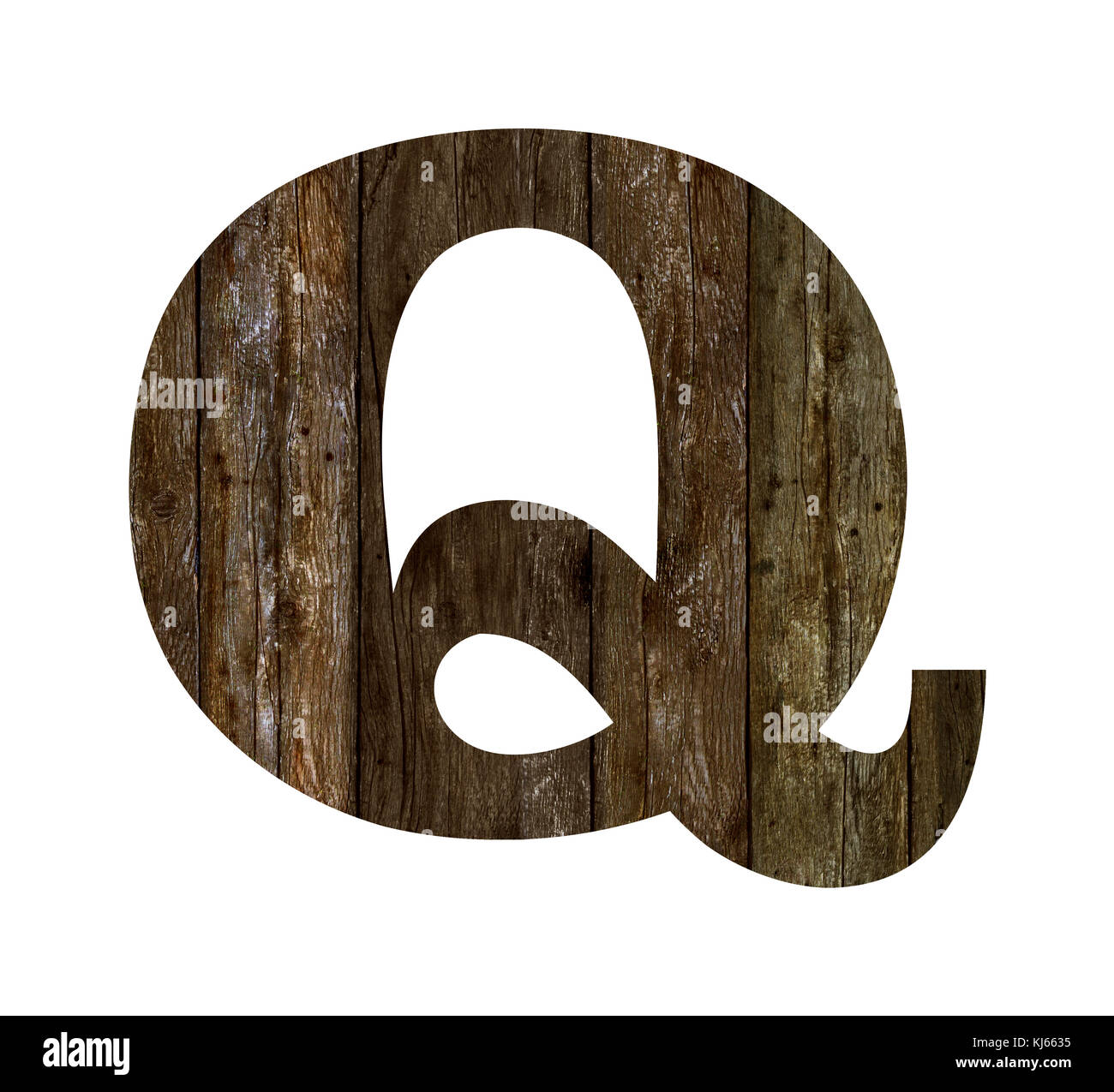 Old wooden planks alphabet, text Q. Isolated on white background. With ...