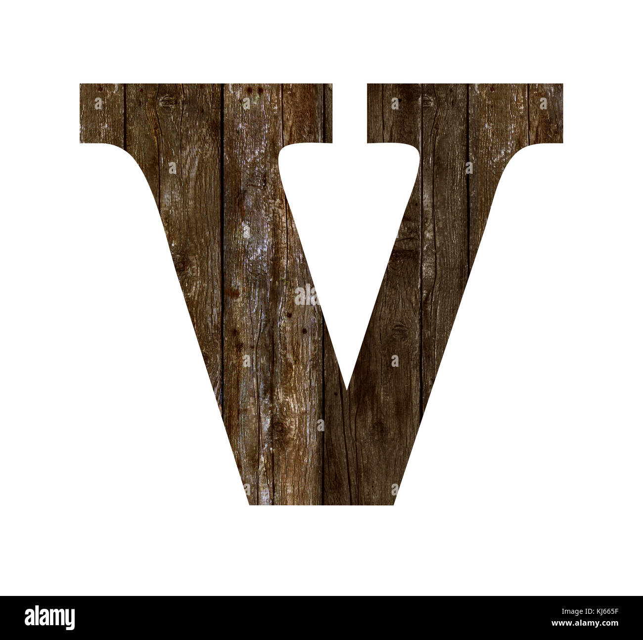 Old wooden planks alphabet, text V. Isolated on white background. With ...