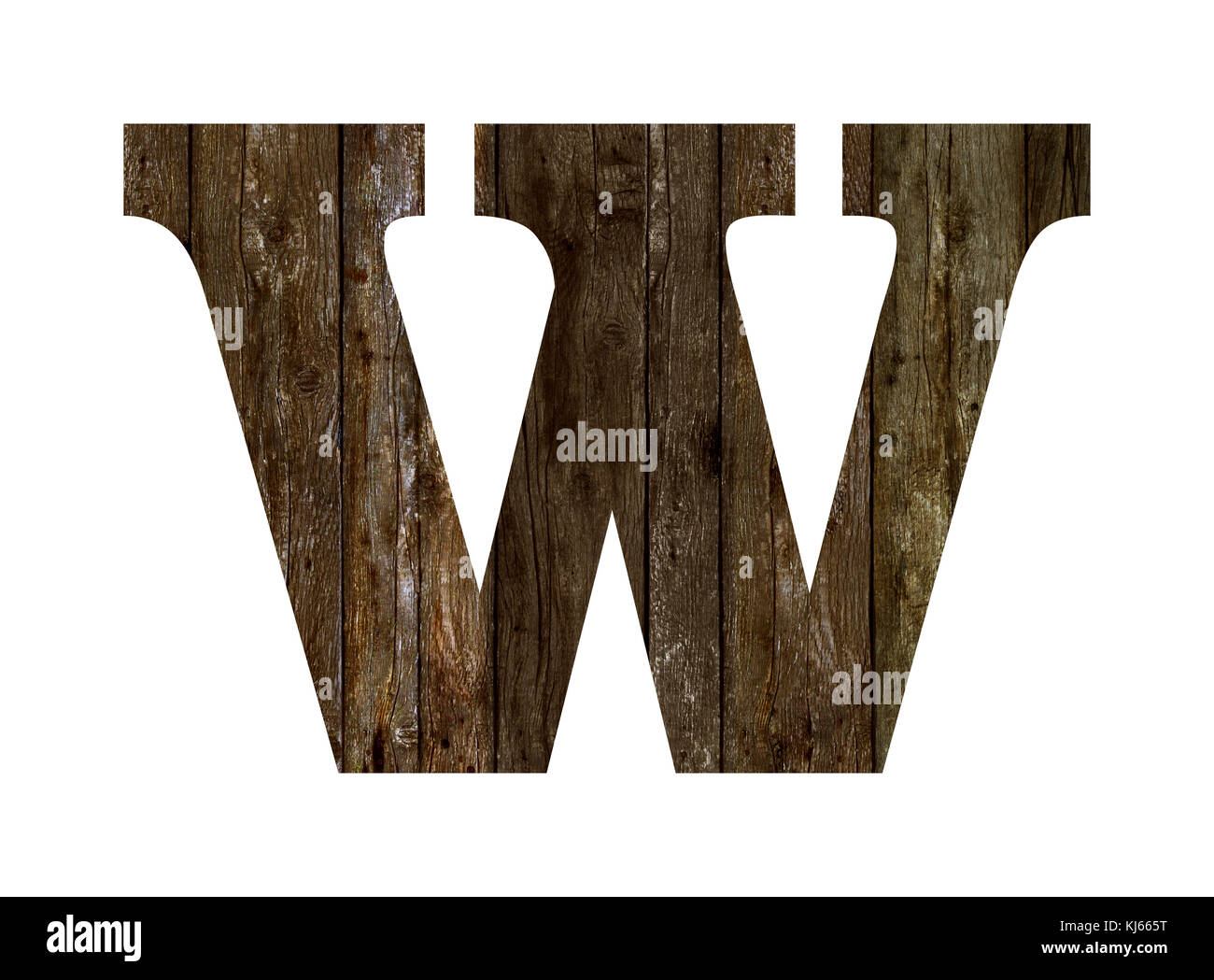 Old wooden planks alphabet, text W. Isolated on white background. With ...