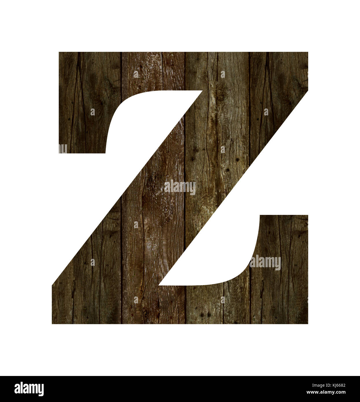 Old wooden planks alphabet, text Z. Isolated on white background. With ...