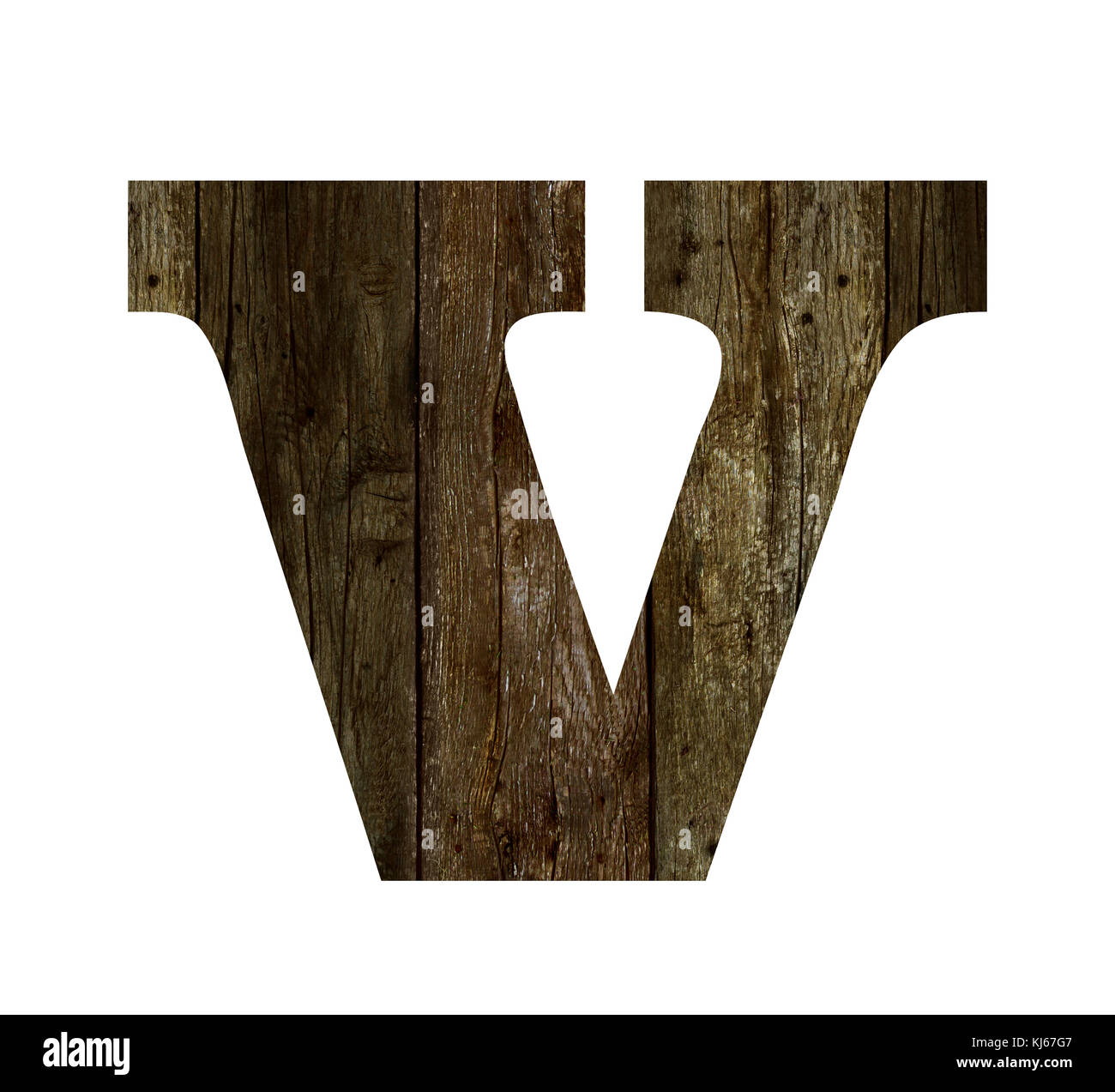 Old wooden planks alphabet, text v. Isolated on white background. With ...