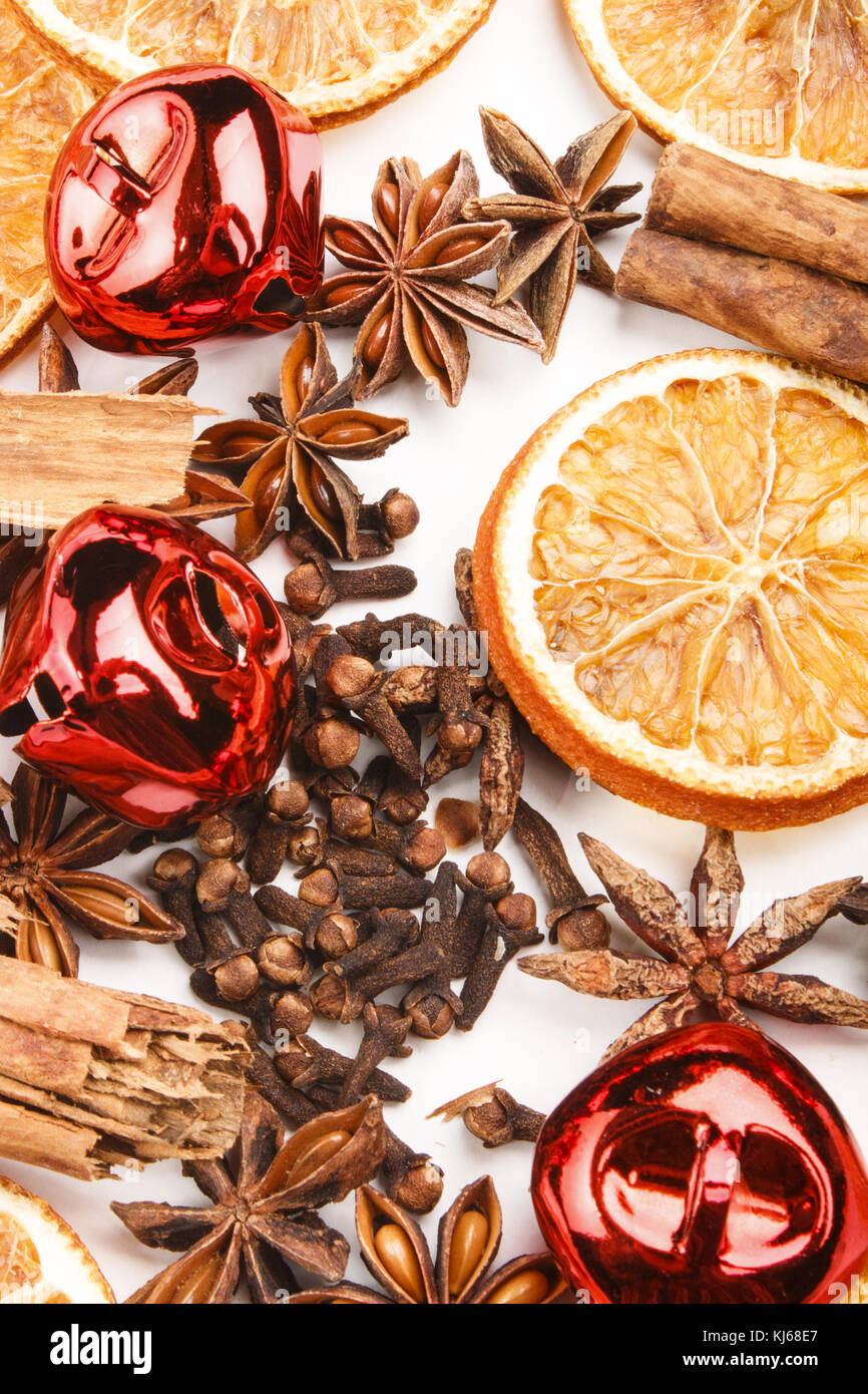 christmas spices and decoration on a white background Stock Photo - Alamy