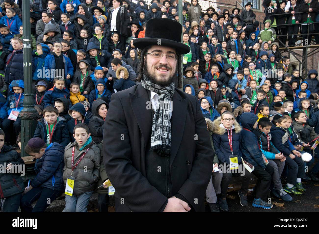 A posed portrait of an orthodox Jewish young man with long peyot at the ...