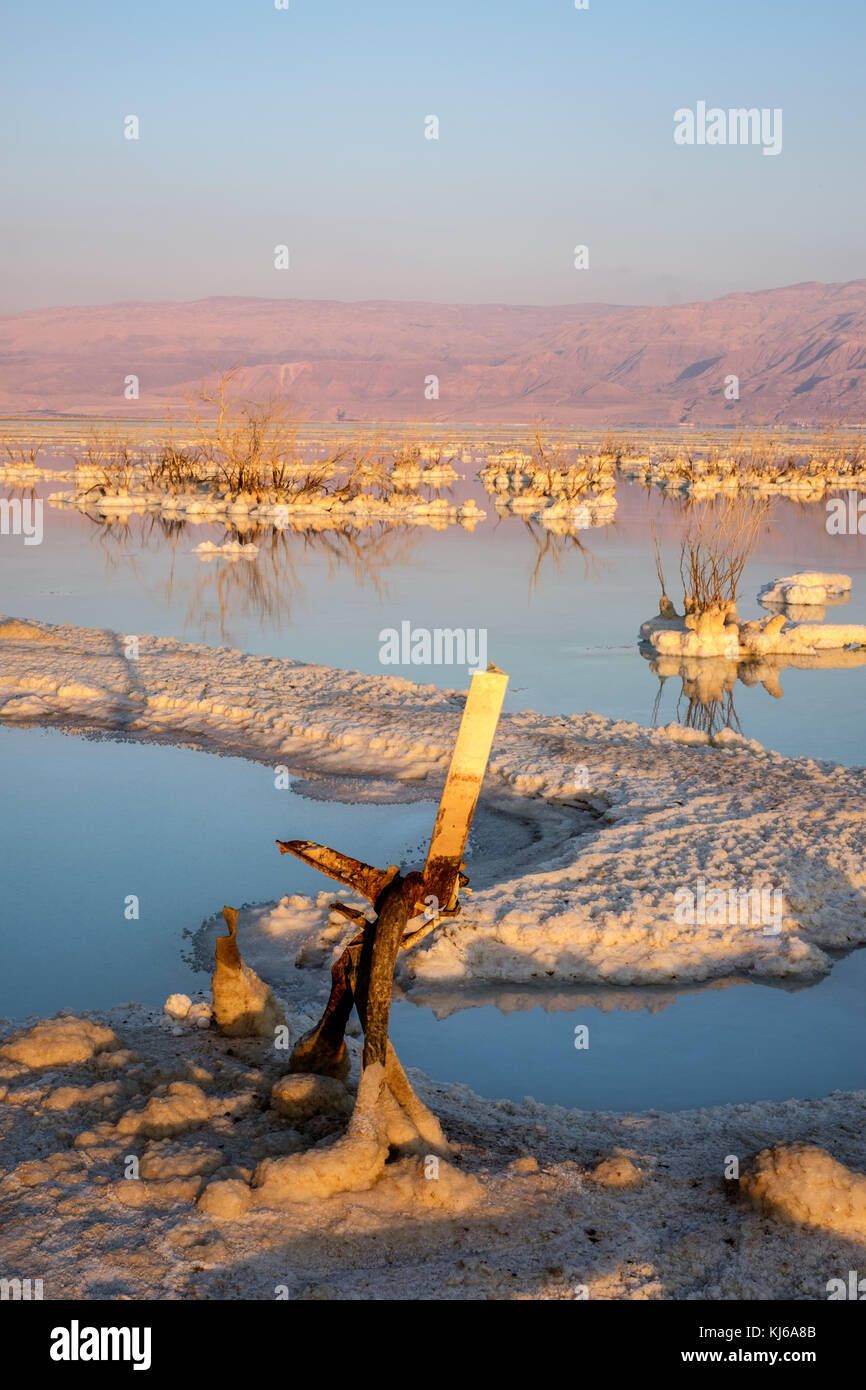 Landscape of the Dead Sea in Israel. By sunset, the Jordan mountains on ...