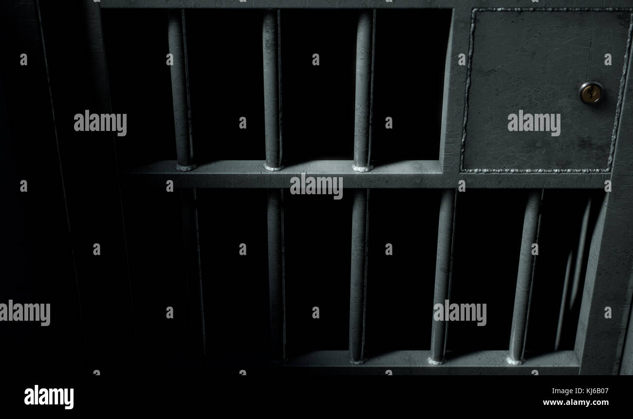 A closeup of a dimly lit prison holding cell door - 3D render Stock ...