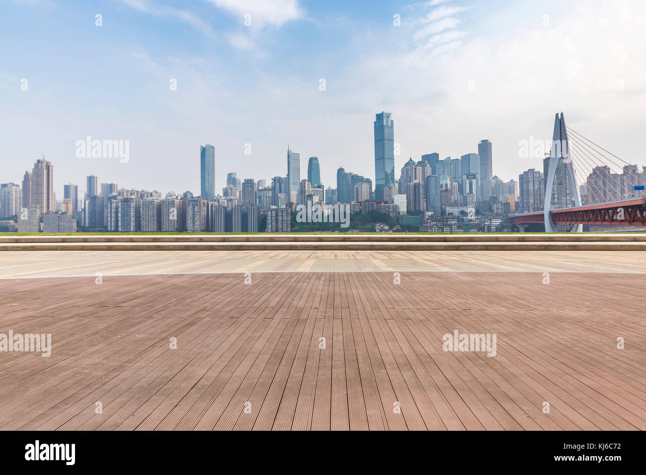 Panoramic skyline and buildings with empty concrete square floor ...