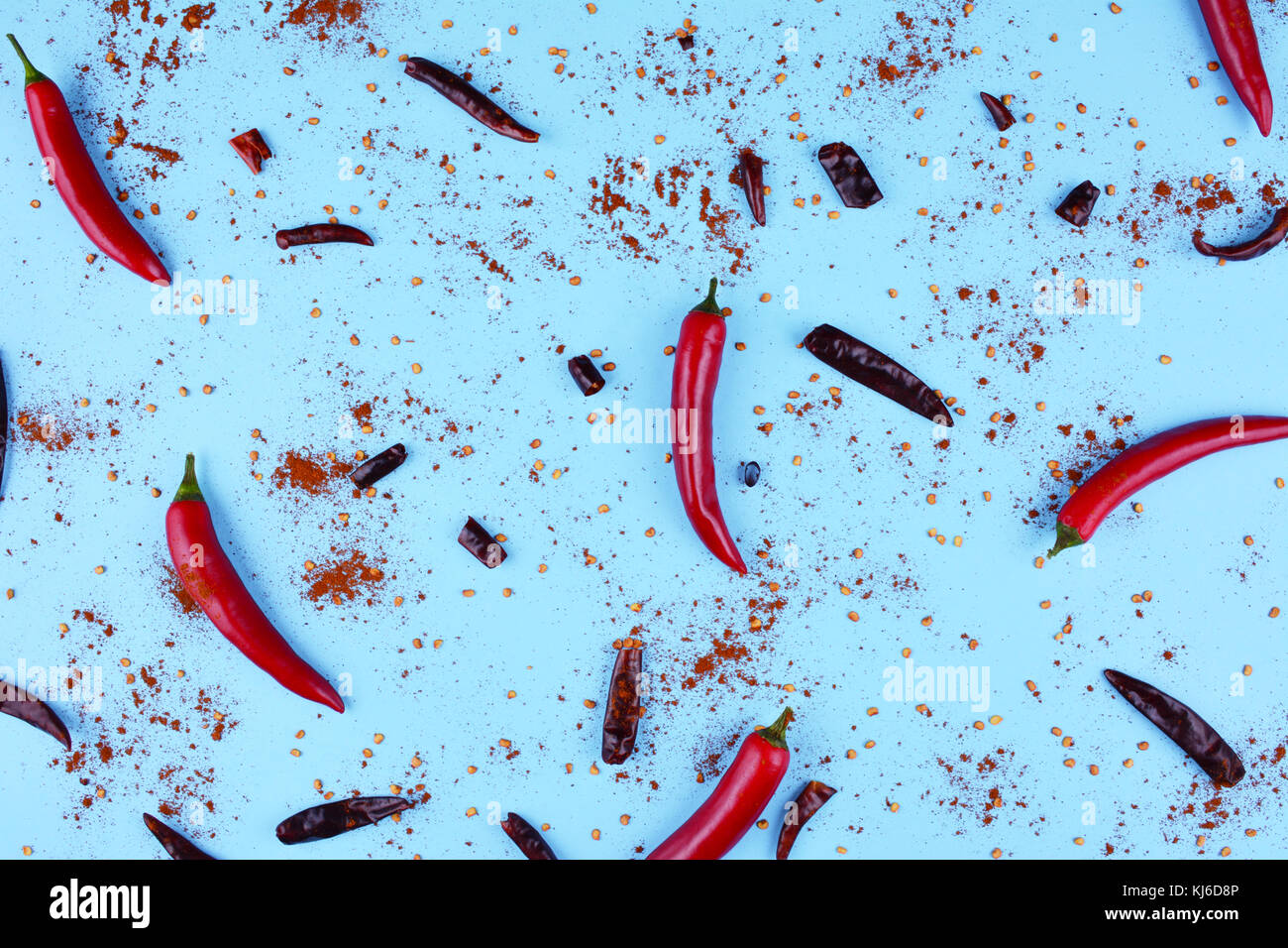 Red chilli papper on trendy blue background. Flat lay style. Colorful ...