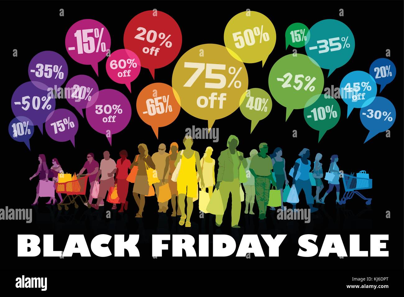 Black Friday Sale. Colorful crowd of people with shopping bags Stock ...