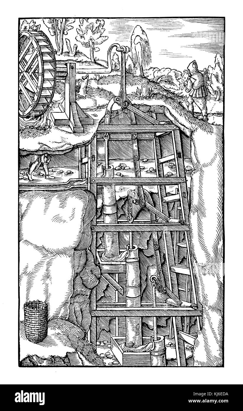 Pump system of a mine. By Georg Agricola Mining Book of 1580 ...