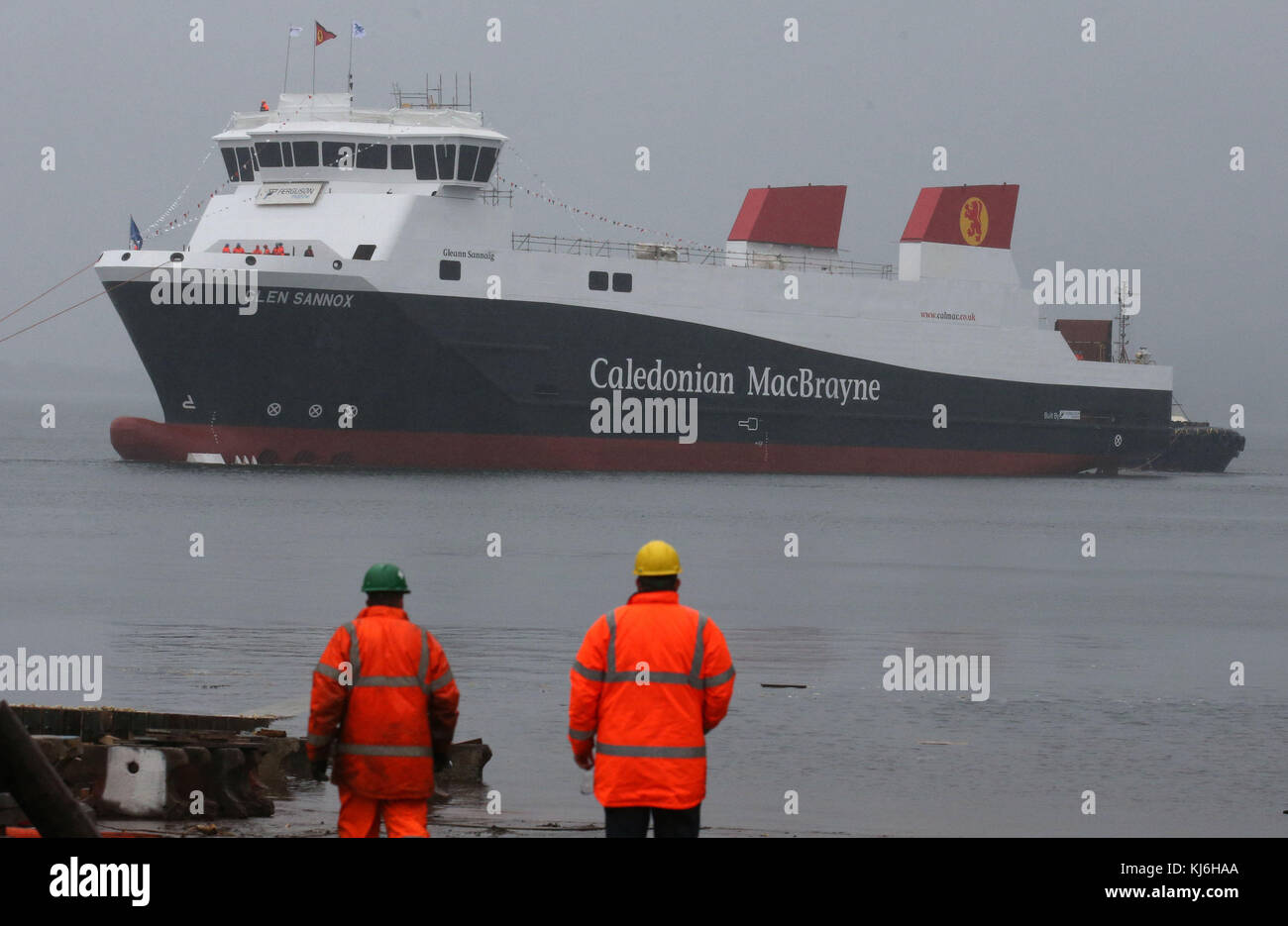 Workers view the ferry MV Glen Sannox after it was launched at a ...