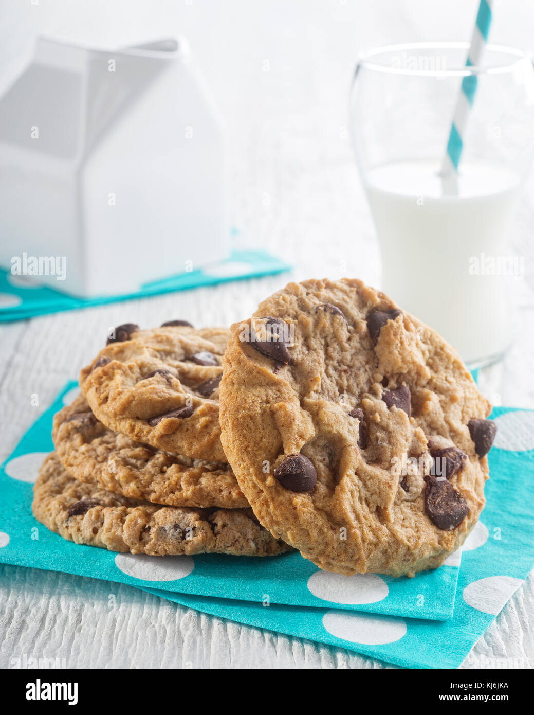 Delicious homemade chocolate chip cookies and a glass of milk on a ...