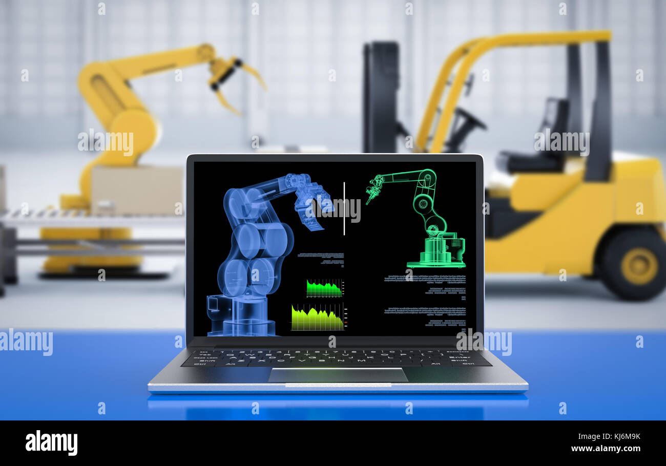 3d rendering computer notebook control robot in factory Stock Photo - Alamy