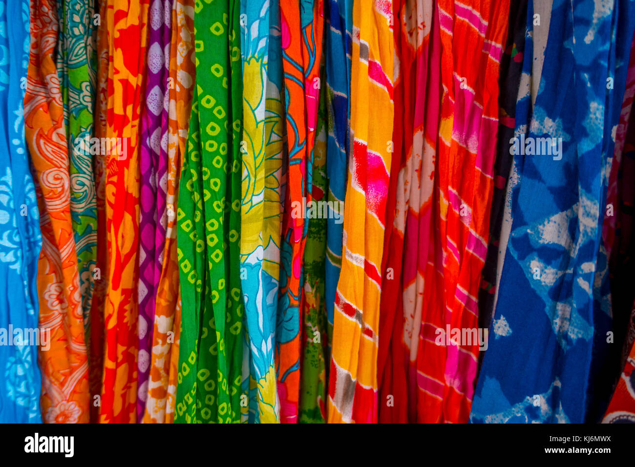 Close up of heap of cloth fabrics at a local market in India Stock ...