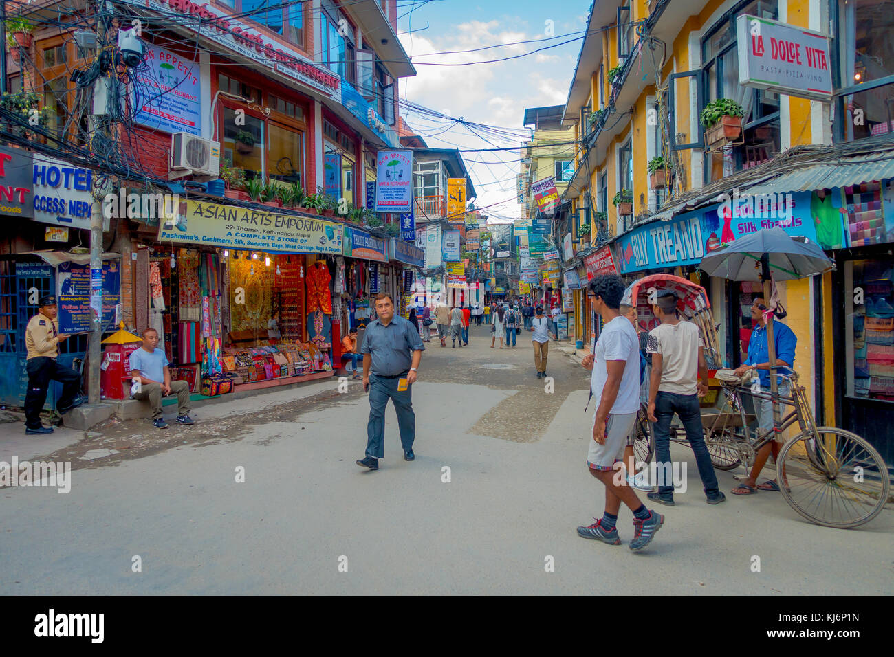 THAMEL, KATHMANDU NEPAL - OCTOBER 02, 2017: Unidentified people walking ...