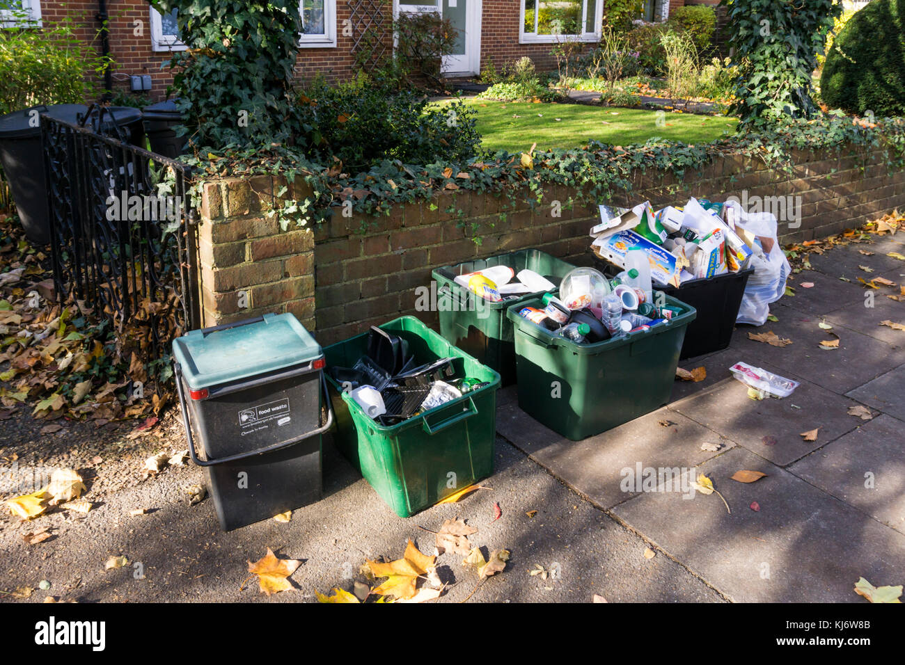 Household food waste, plastic, glass, metal and paper recycling put out ...