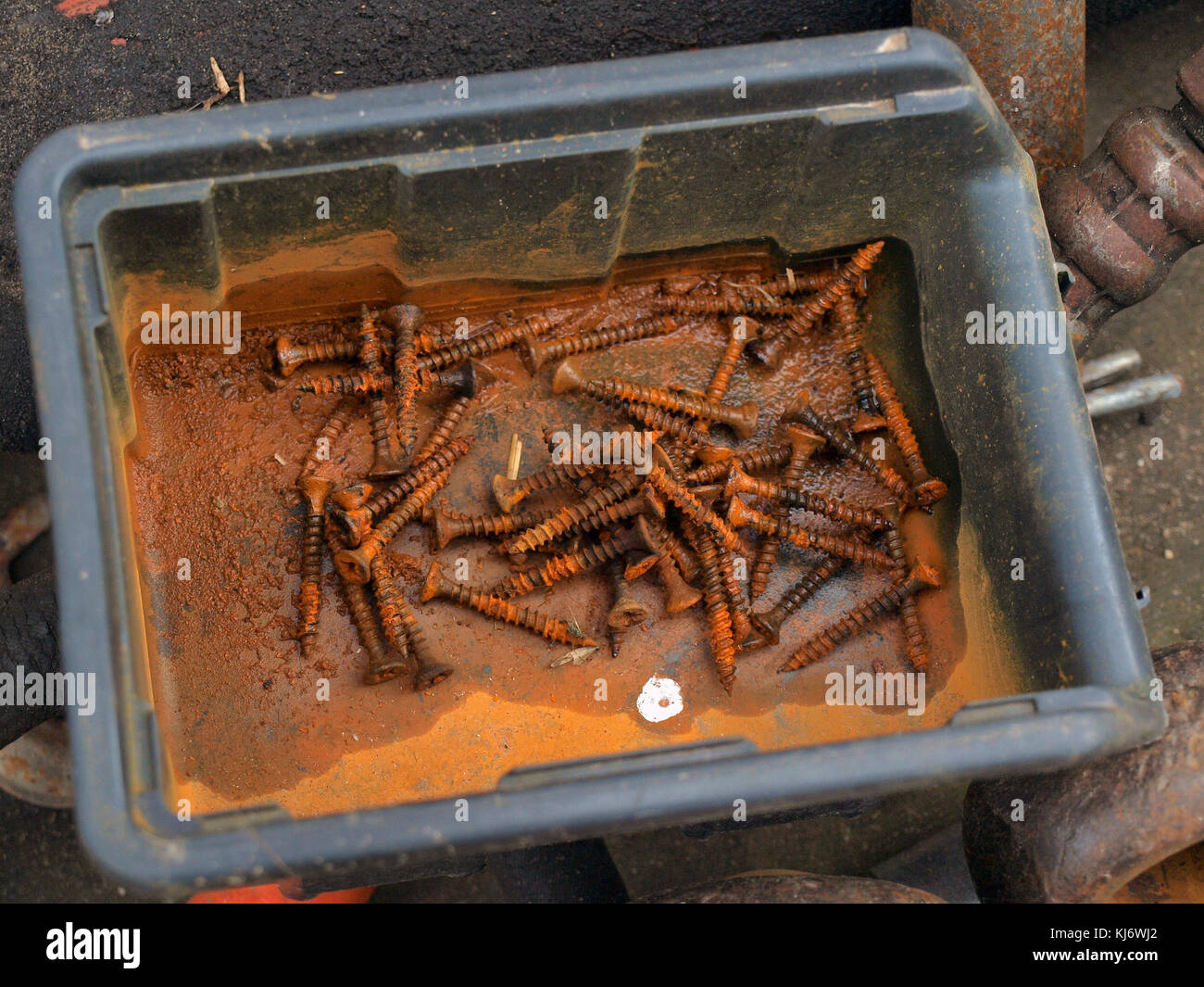Plastic box with wet rusty screws for wood outdoor close up Stock Photo ...