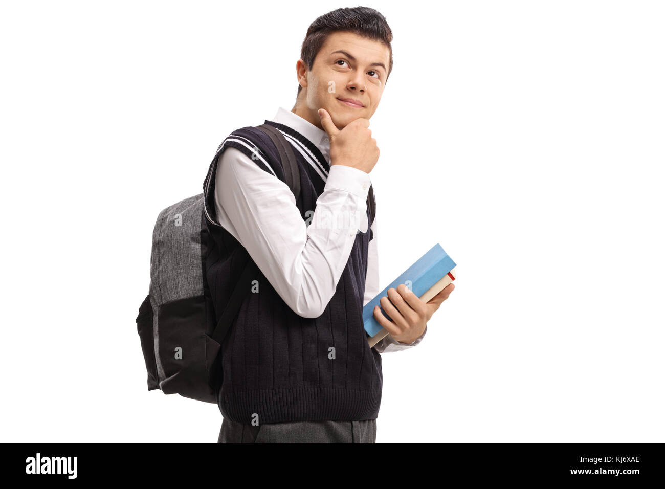 Teen student with a backpack and books thinking isolated on white ...