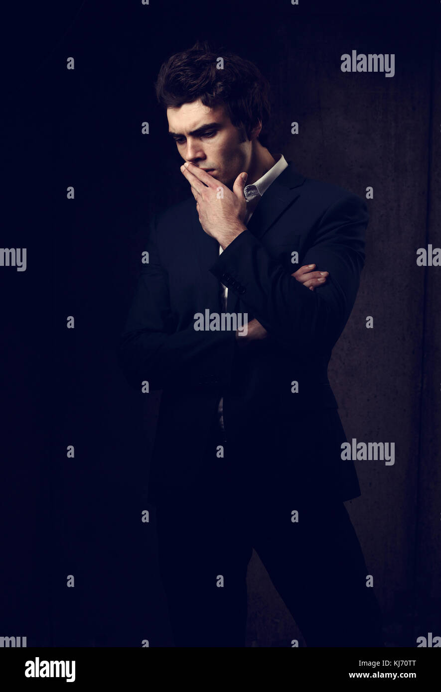 Thinking depression charismatic man looking down on dark shadow ...