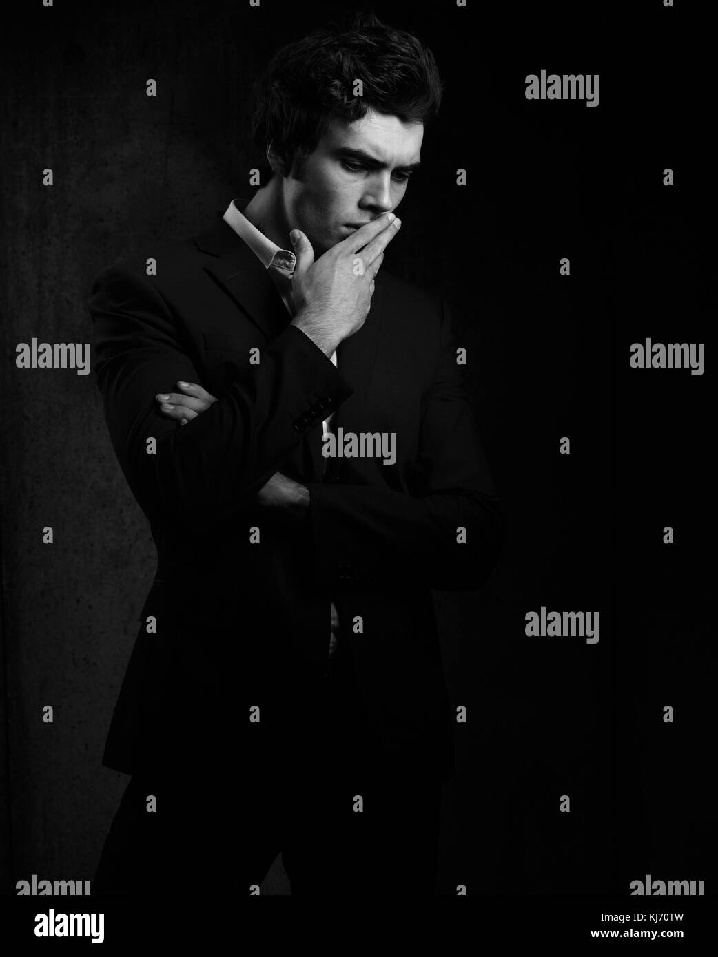 Thinking depression charismatic man looking down on dark shadow ...