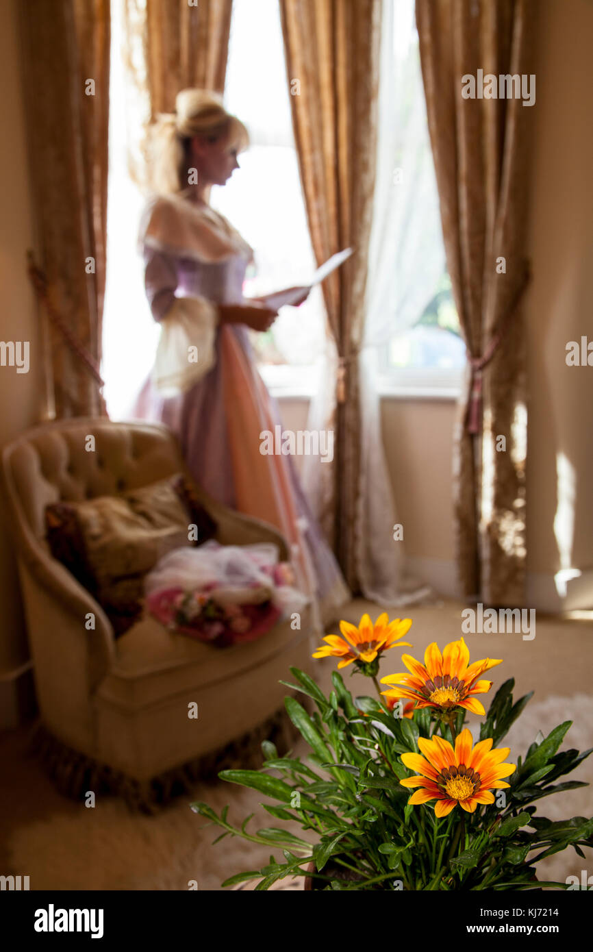 Lady reading a letter in background with an orange Gazania potted plant ...