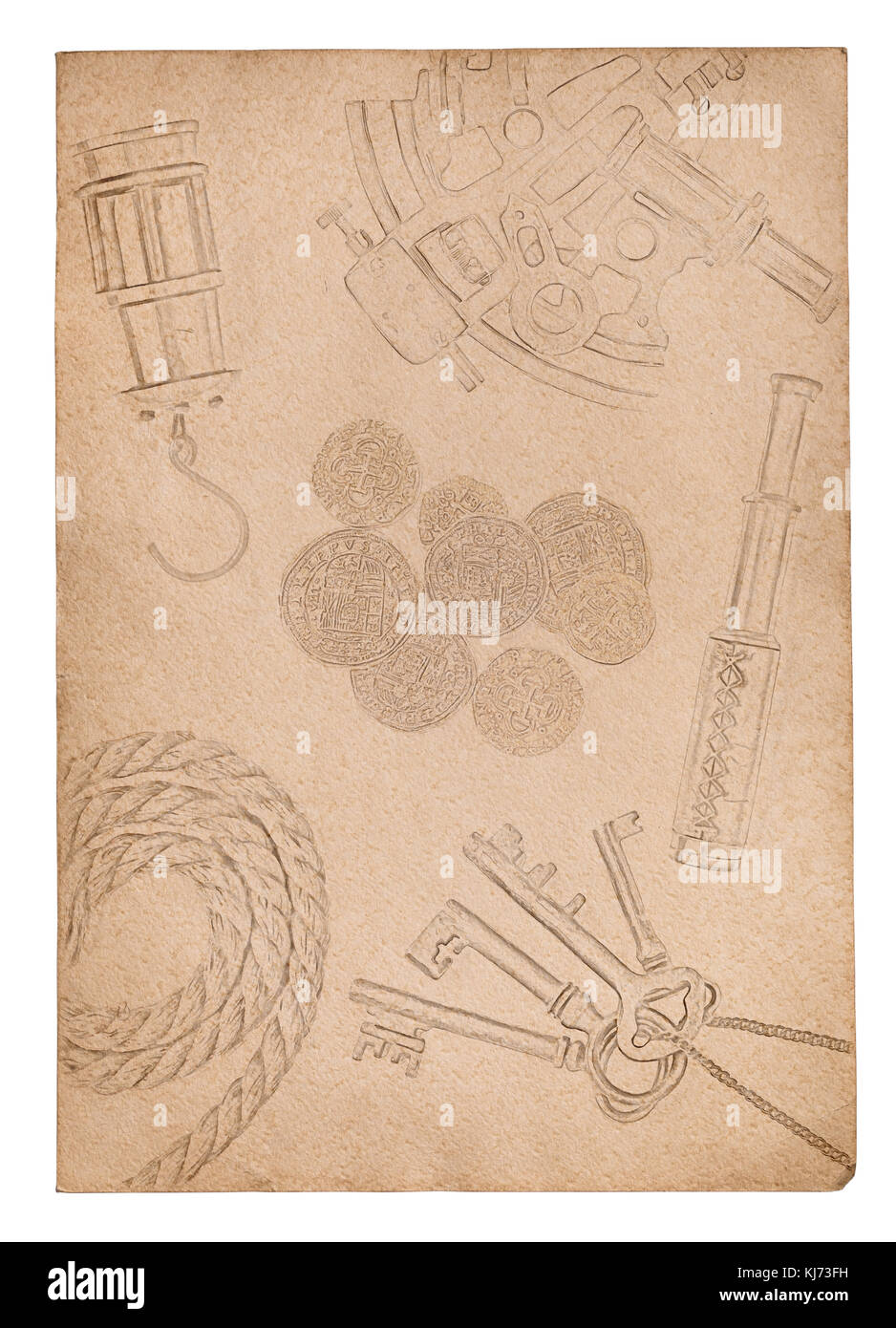 Adventure items paper background Stock Photo - Alamy