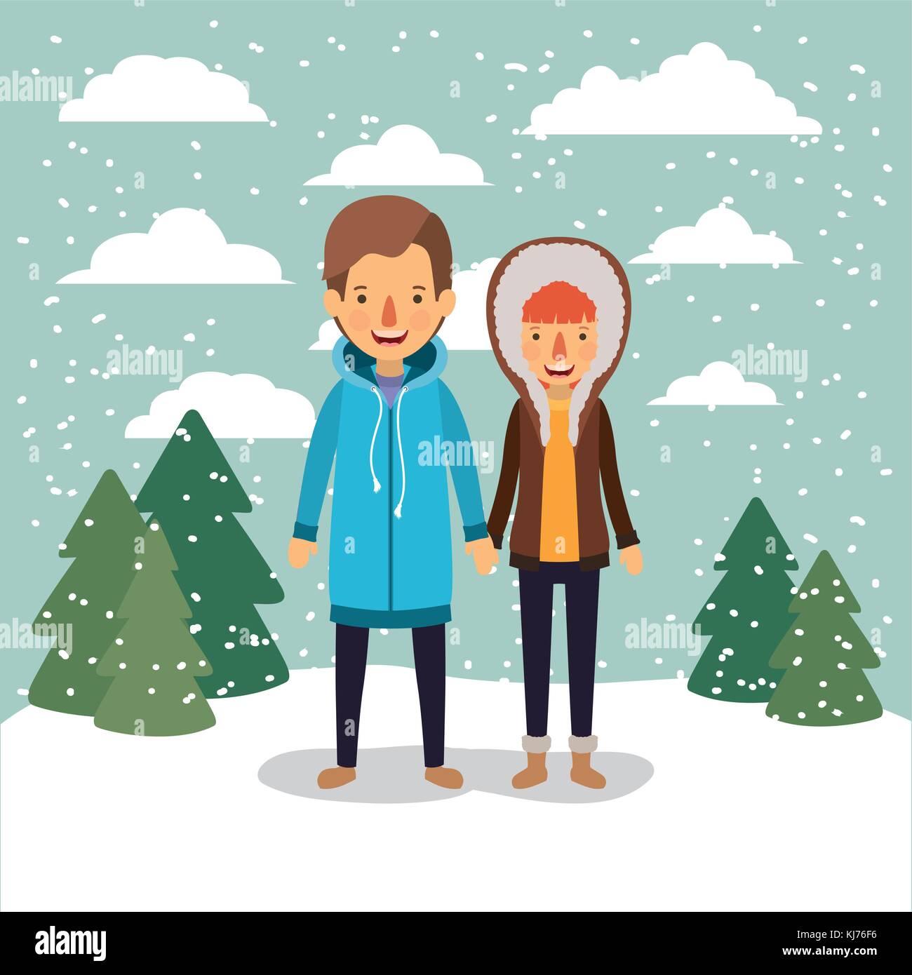 winter people background with couple in colorful landscape with pine ...