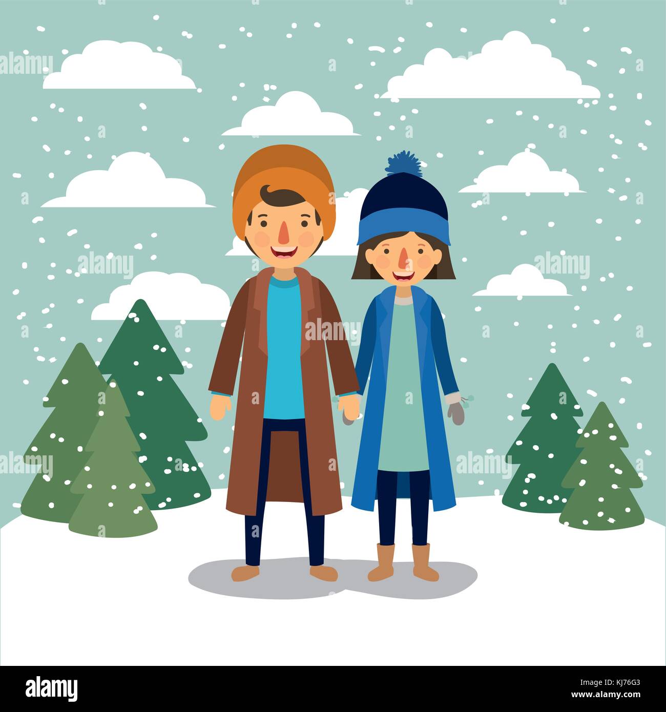 winter people background with couple in colorful landscape with pine ...