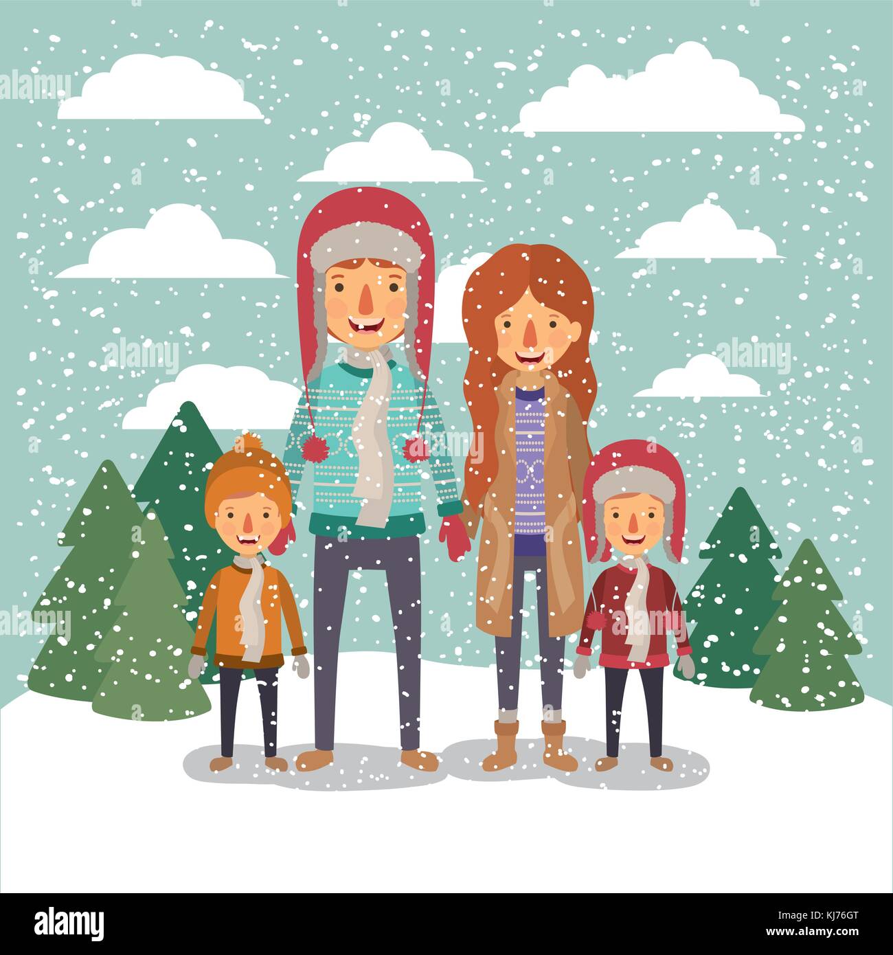winter people background with family in colorful landscape with pine ...