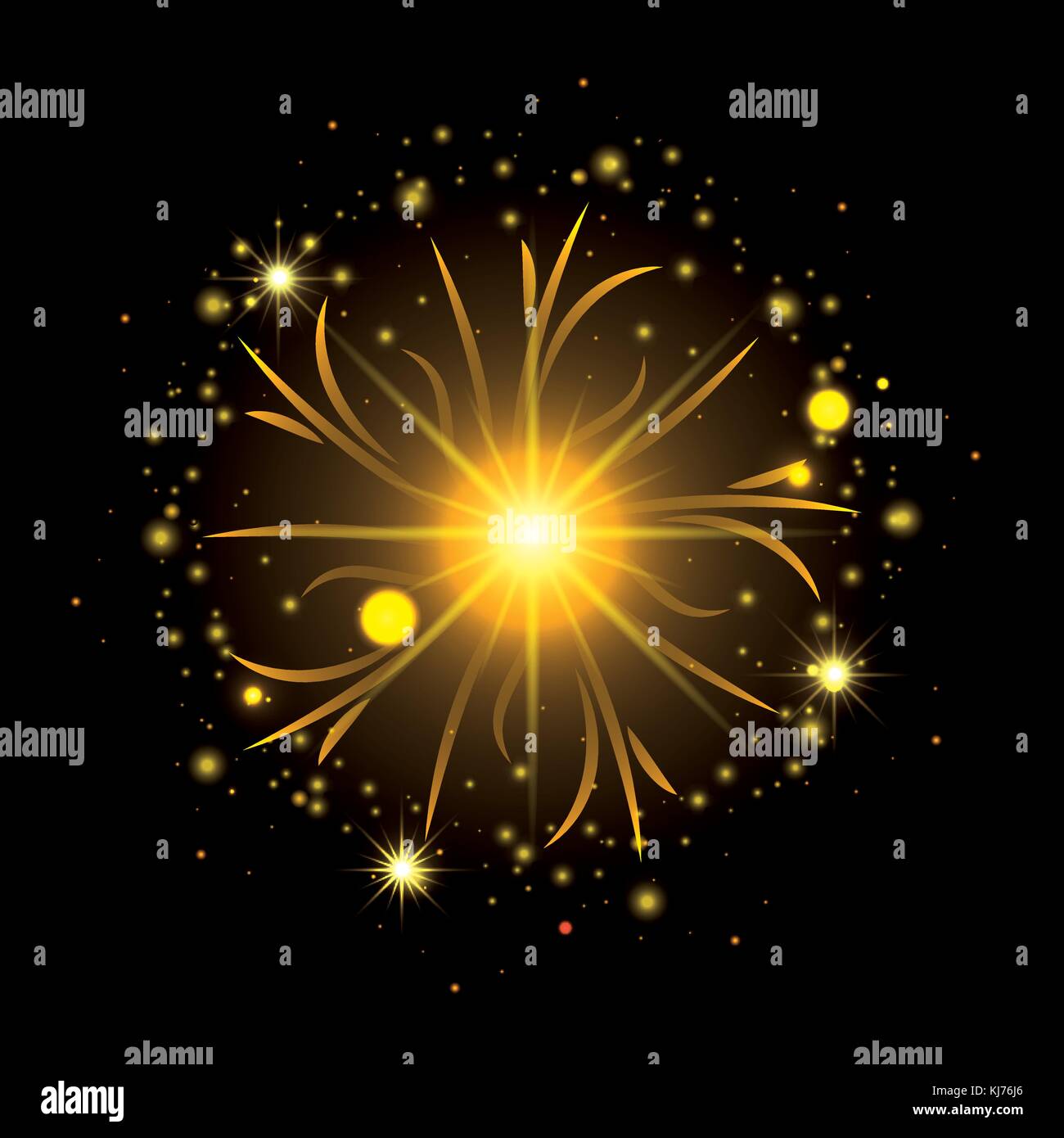 fireworks bursting in shape of sun with yellow flashes on black ...