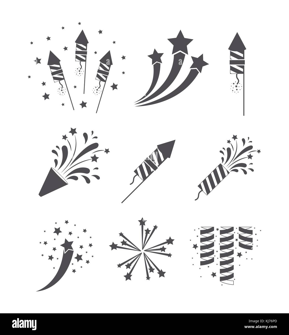 rockets and fireworks bursting set in grayscale silhouette over white ...