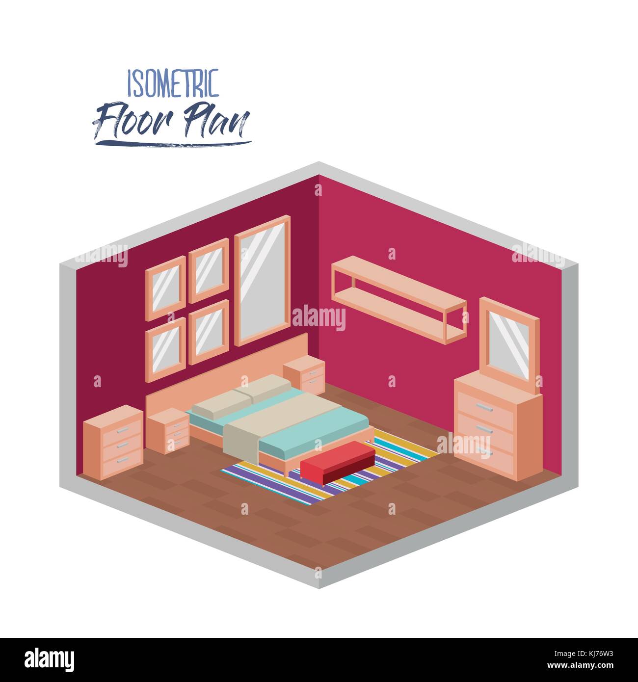 isometric floor plan of bedroom double bed and furnitures in colorful ...