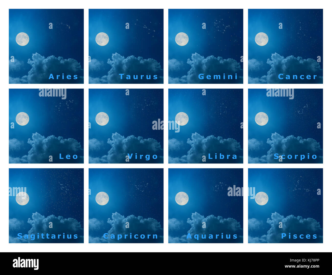 Full set of design zodiac constellations with full moon in the night ...