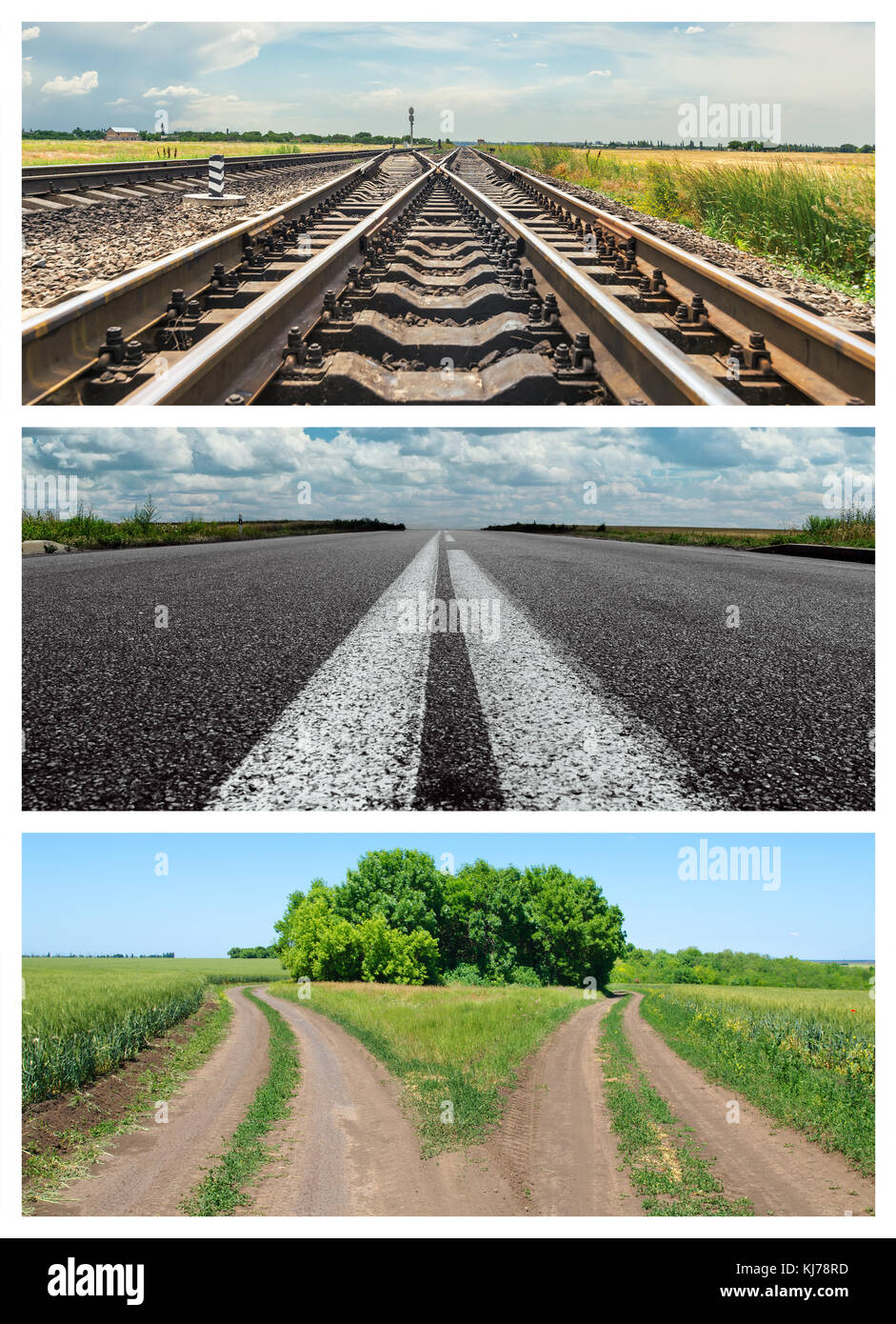 set of different roads. Rural, asphalt and rail to horizon Stock Photo ...