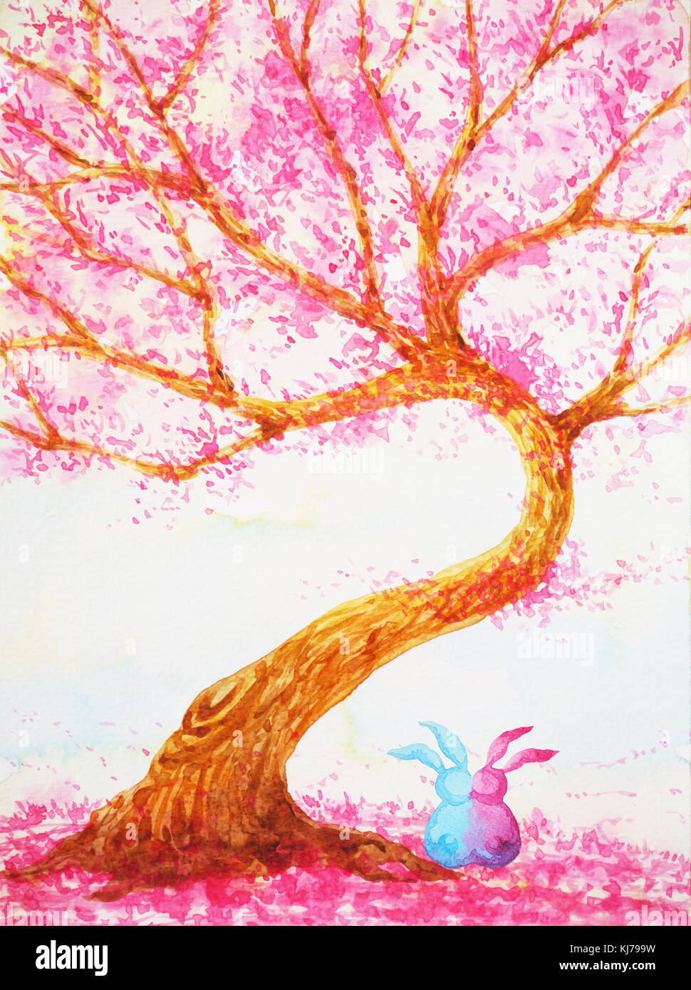 couple rabbits lover sitting under love tree valentines day watercolor ...