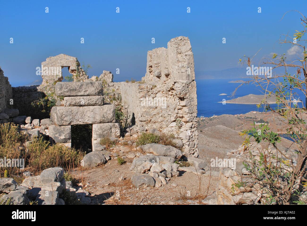 The ruins of the medieval Crusader Knights castle at Chorio on the ...
