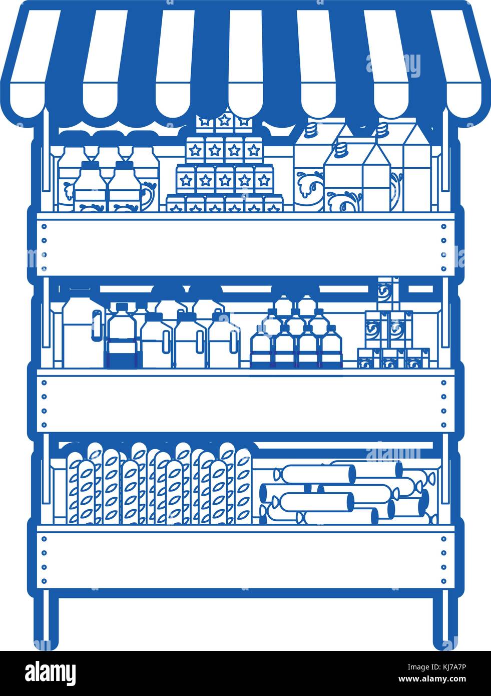 supermarket shelf with sunshade colorful with foods and beverages in ...