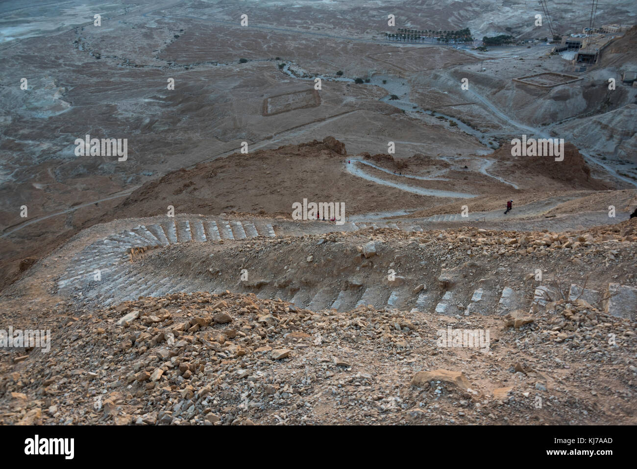 Elevated view of people hiking, Masada, Judean Desert, Dead Sea Region ...
