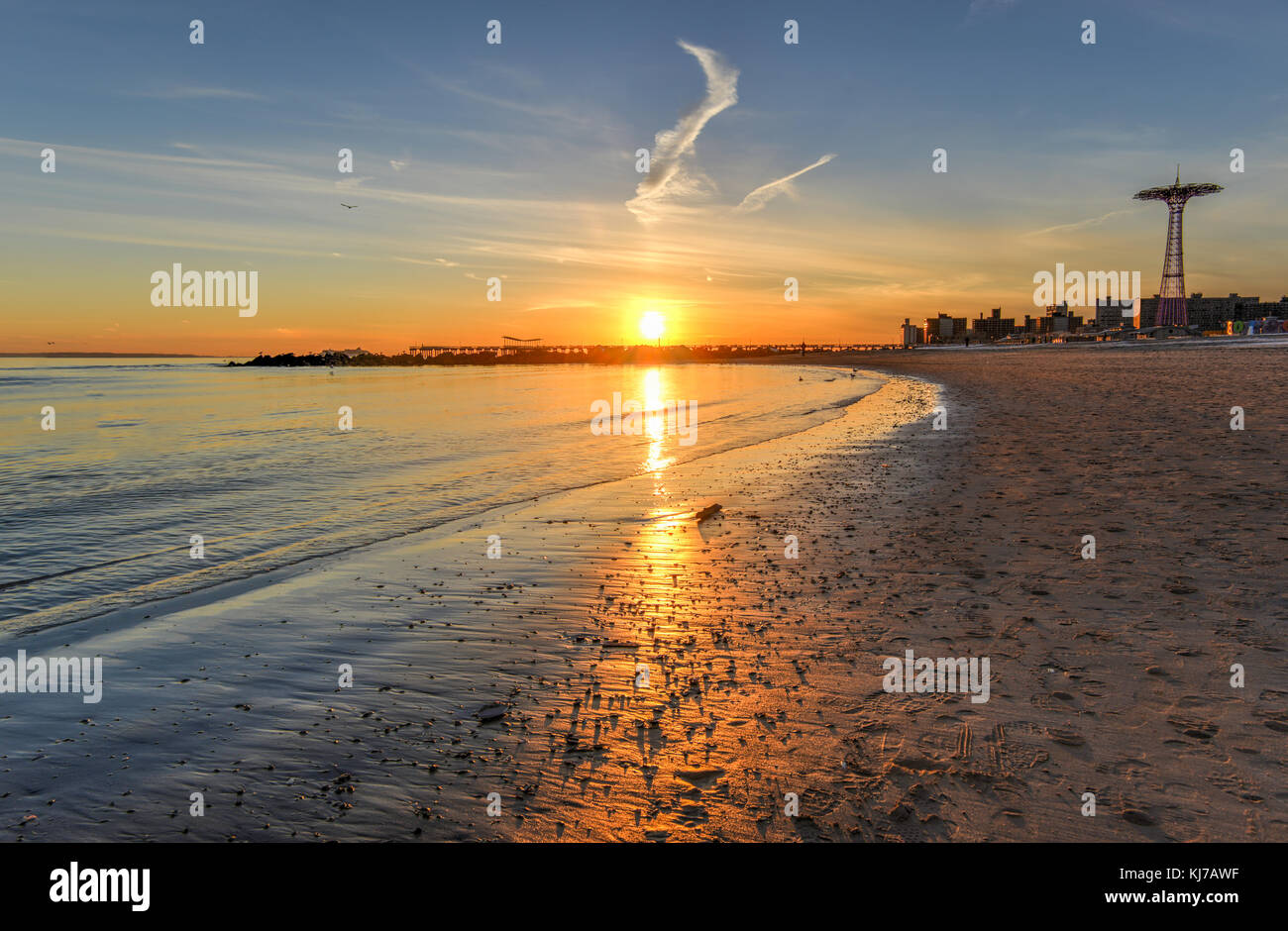 Sunset on Brighton Beach and Coney Island Beach, New York, also known ...