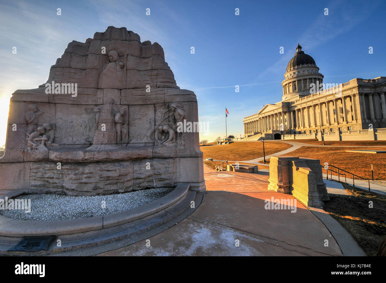 The Utah State Capital building Mormon Battalion Monument at sunset ...